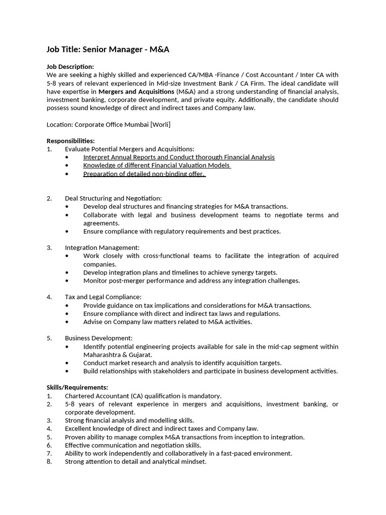 Job Description - Modern Insulator - Mergers and Acquisitions - Worli ...