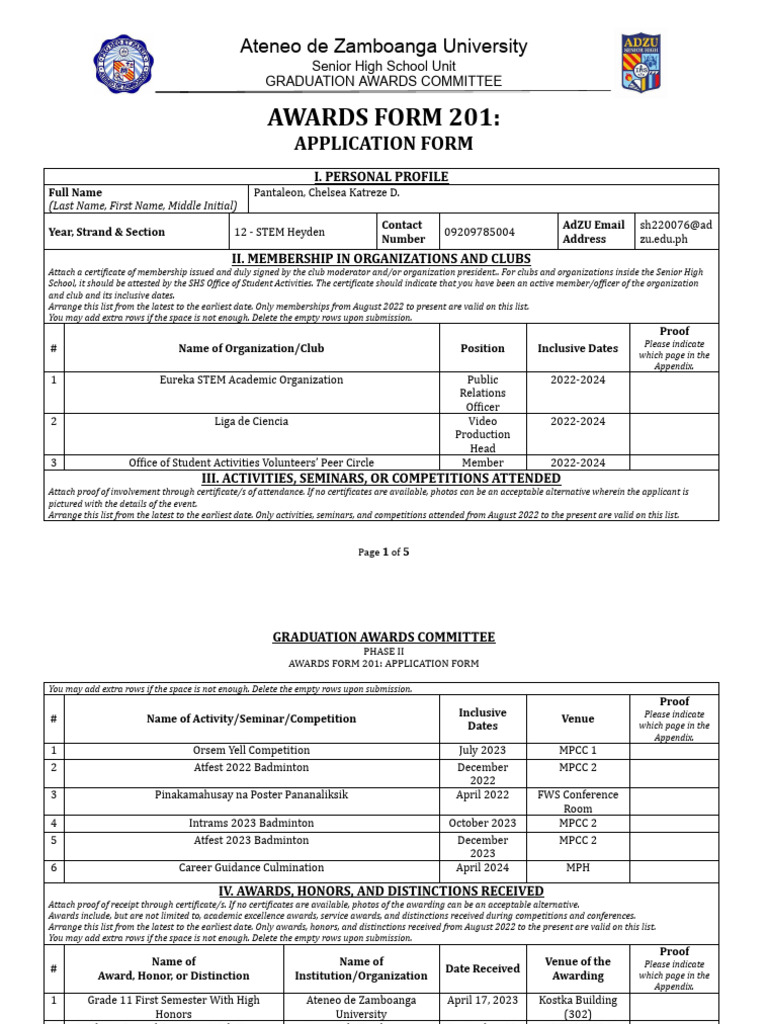 Ateneo Zamboanga Graduation Awards Form | PDF