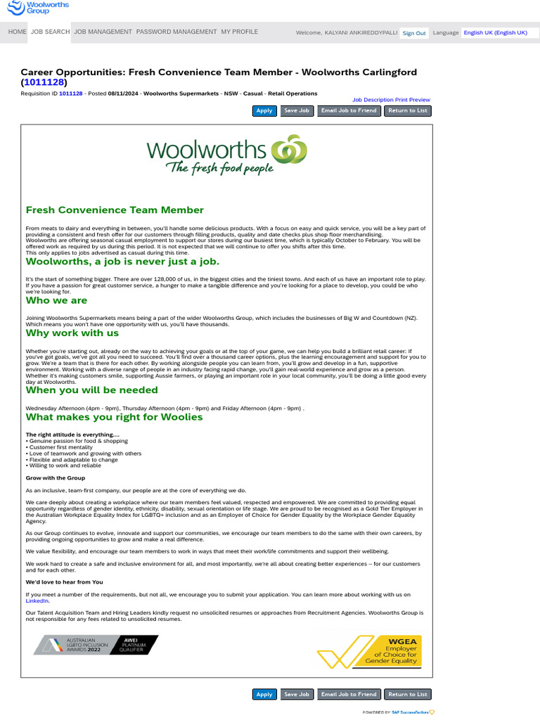 Career Opportunities Fresh Convenience Team Member - Woolworths ...