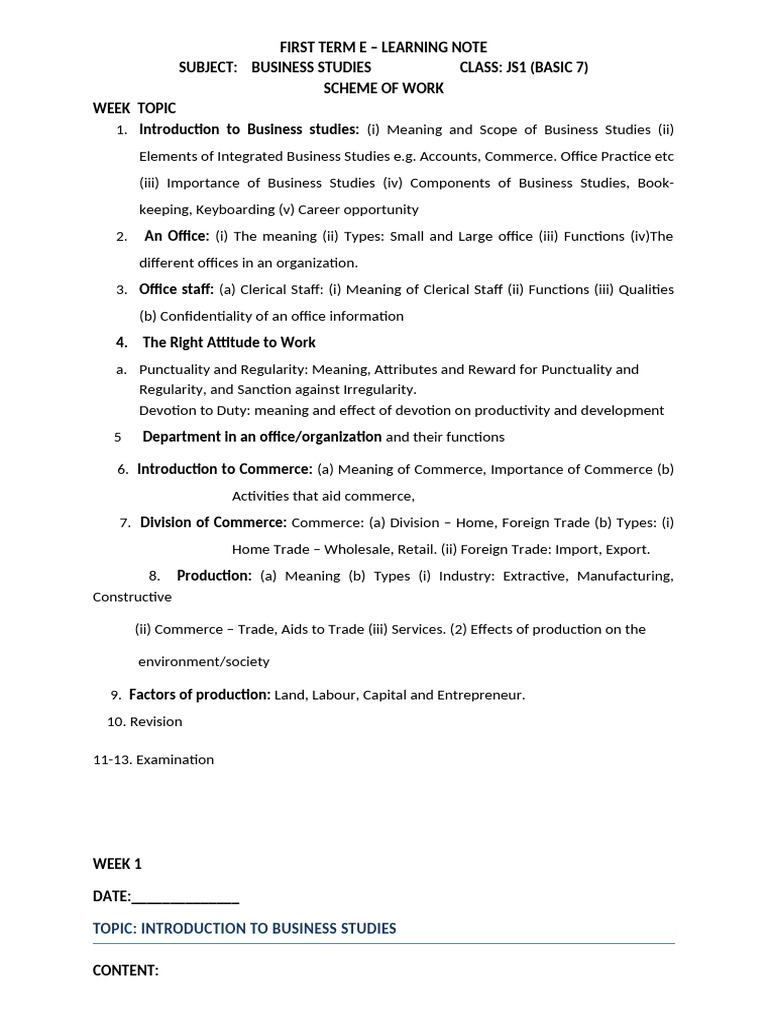 New JS1 Bus Studies 1ST Term E-Notes | PDF | Commerce | Bookkeeping