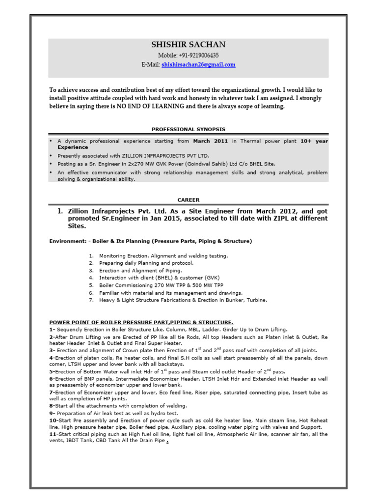 Sr. Engineer Resume - Thermal Power Plant | PDF | Boiler | Pipe (Fluid ...