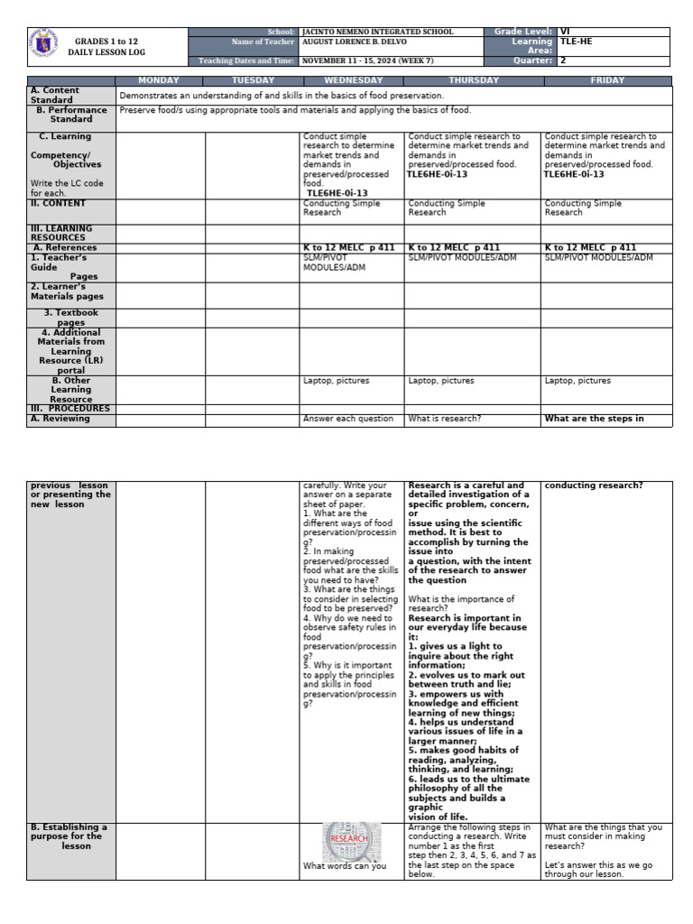 DLL - Tle 6 - Q2 - W7 | PDF | Learning | Knowledge