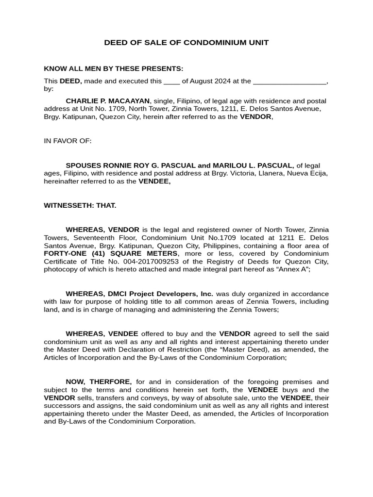 Deed of Sale of Condominium Unit | PDF | Condominium | Property Law