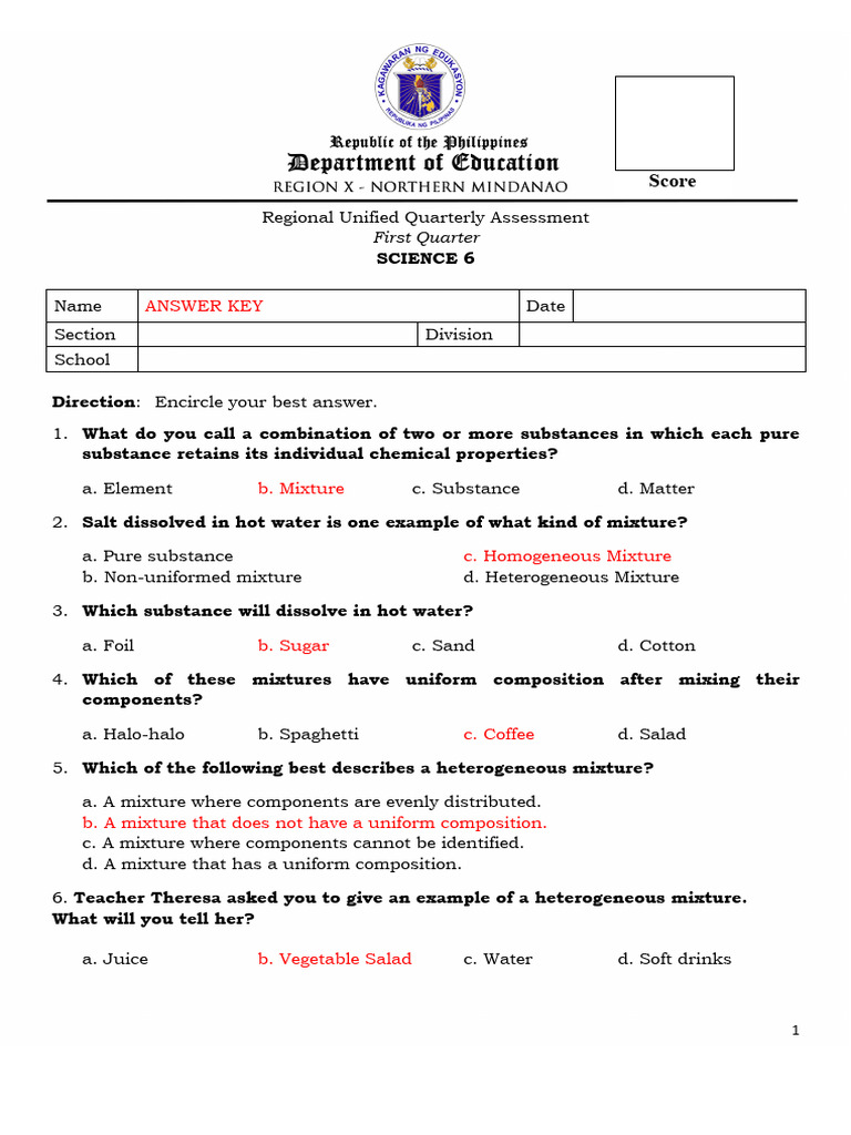 Science 6 Ruqa Exam Answer Key | PDF | Mixture | Water