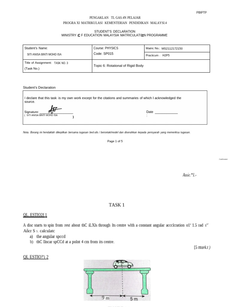 Amira Antasya BT Abu Hassan - Assignment Sp015 | PDF | Velocity | Mechanics