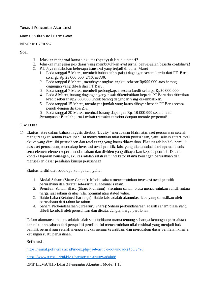 Sultan Adi Darmawan 050770287 Tugas 1 Pengantar Akuntansi | PDF