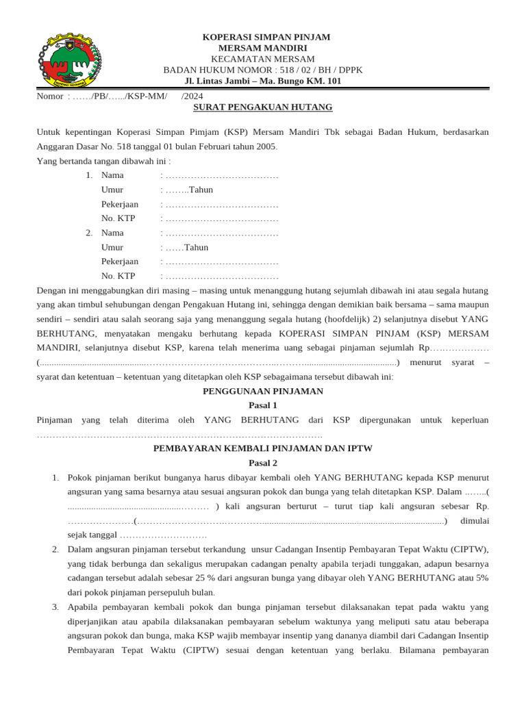 Surat Pengakuan Hutang KSP Mersam | PDF | Pengelolaan Keuangan & Uang