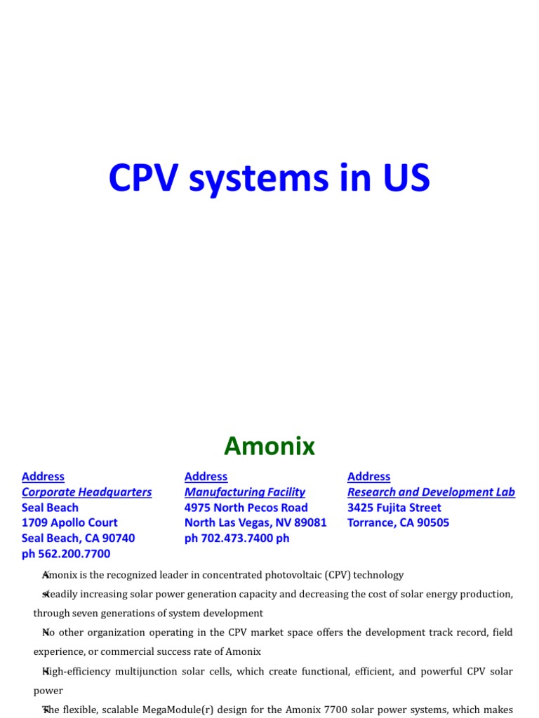 List of US CPV systems with concentration and power levels | PDF ...