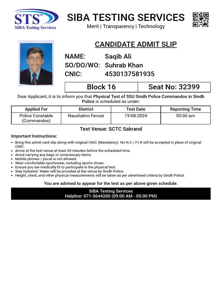 Siba Testing Services: Candidate Admit Slip | PDF