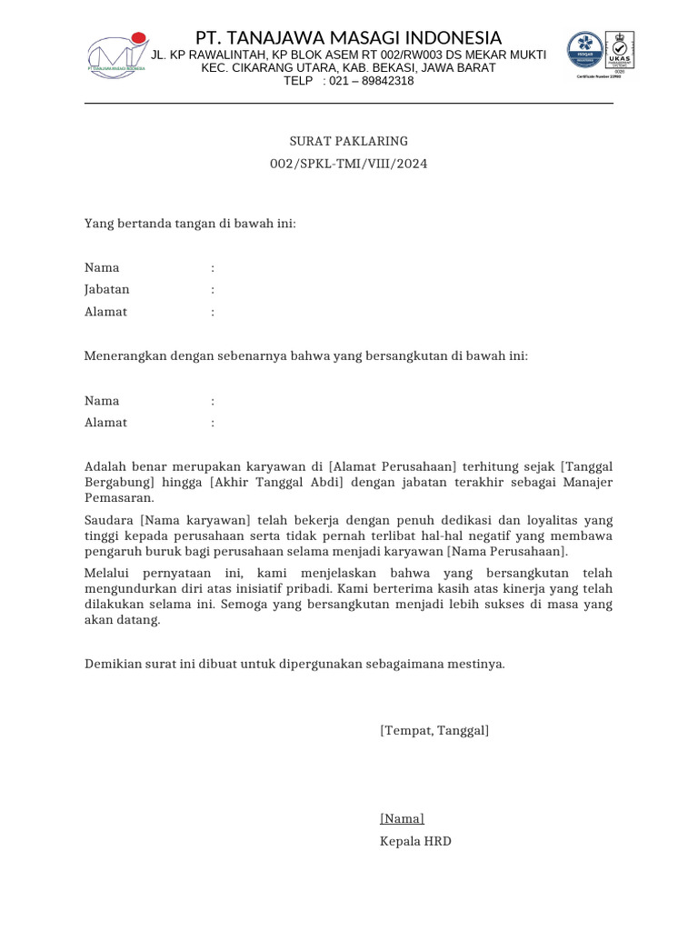 Surat Paklaring Karyawan PT Tanajawa | PDF