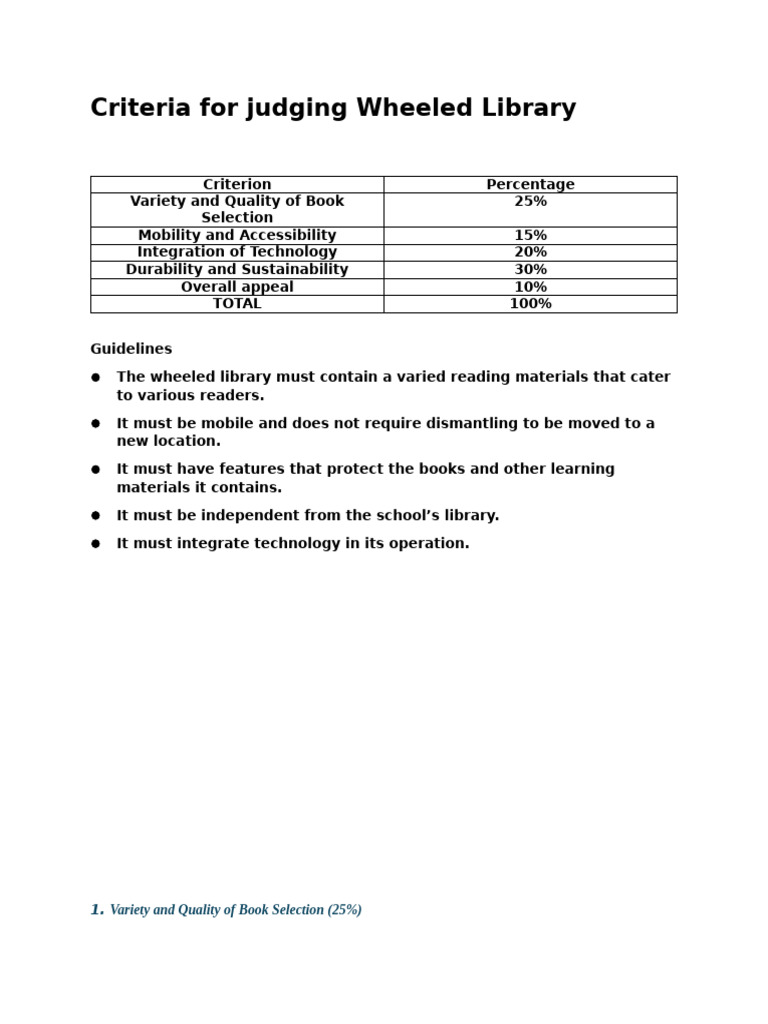 Criteria For Judging Wheeled Library Edited | PDF | Usability | Design