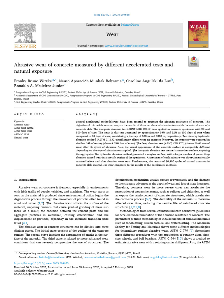 Abrasive Wear of Concrete Measured by Different Accelerated Tests and ...