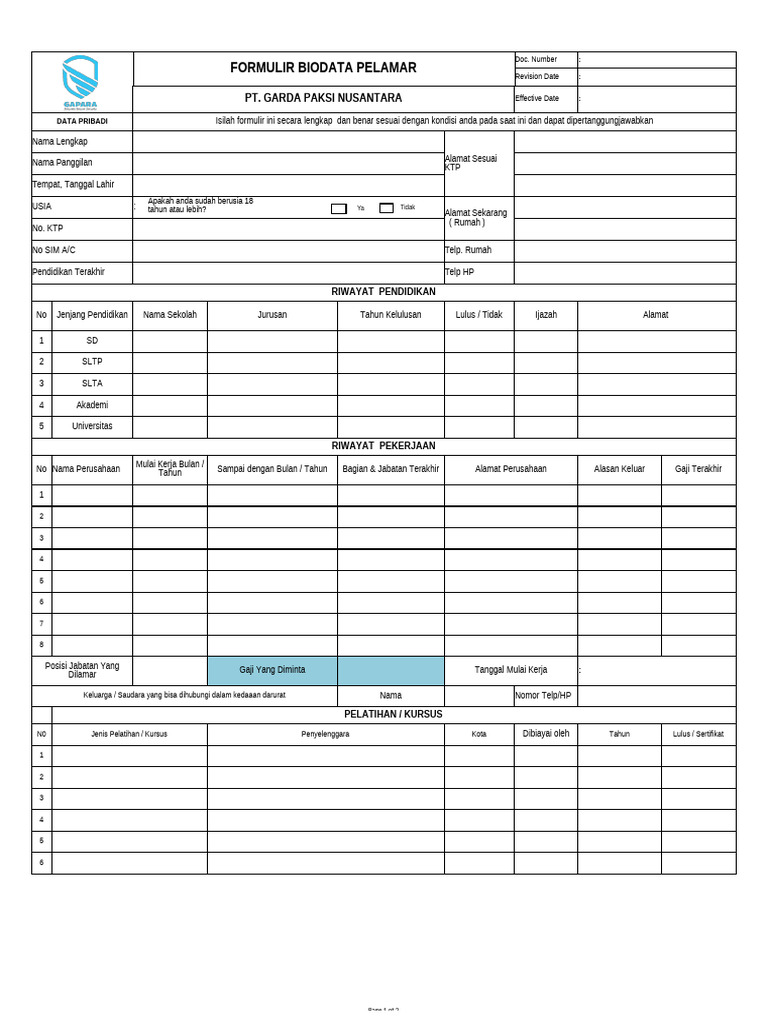Formulir Biodata Pelamar Kerja | PDF