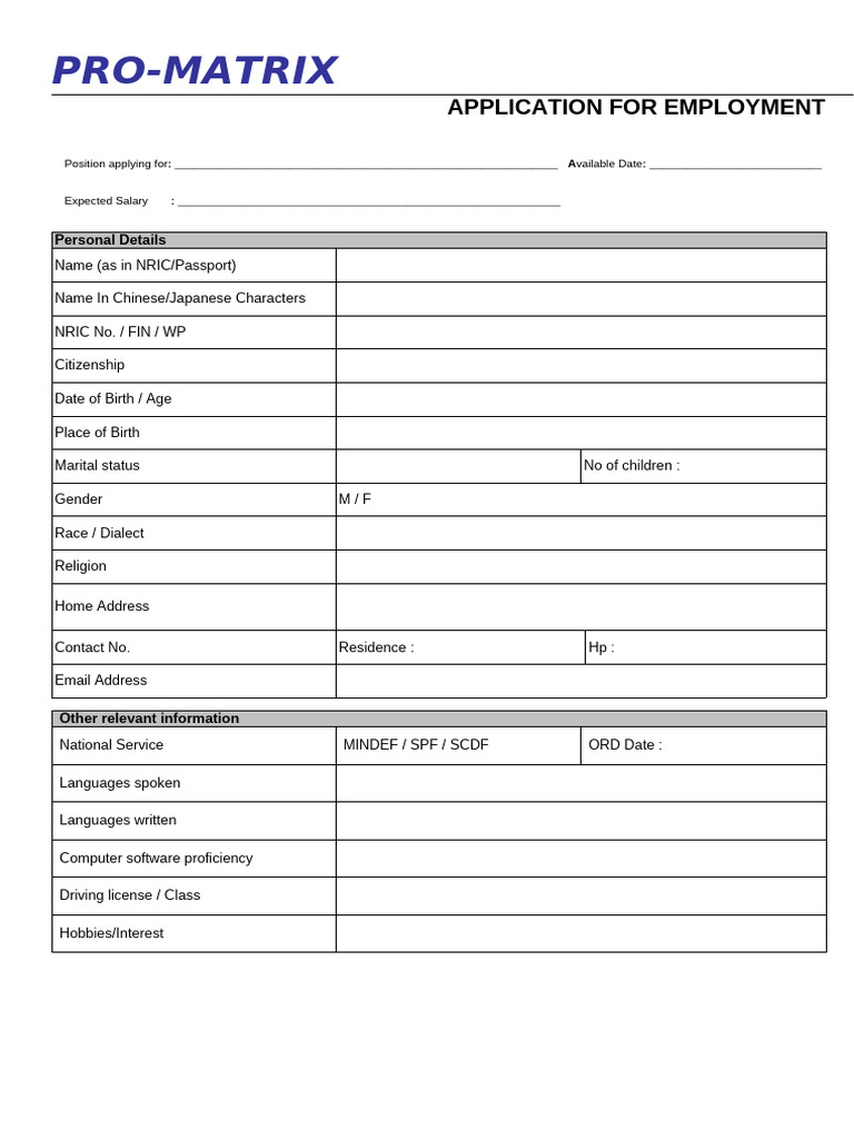 Pro Matrix PWRO Employment Application Form | PDF | Justice | Crime ...