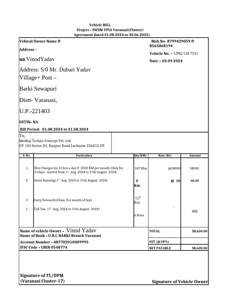 Vehicle Bill for Vinod Yadav - Aug 2024 | PDF | Economies | Public Finance