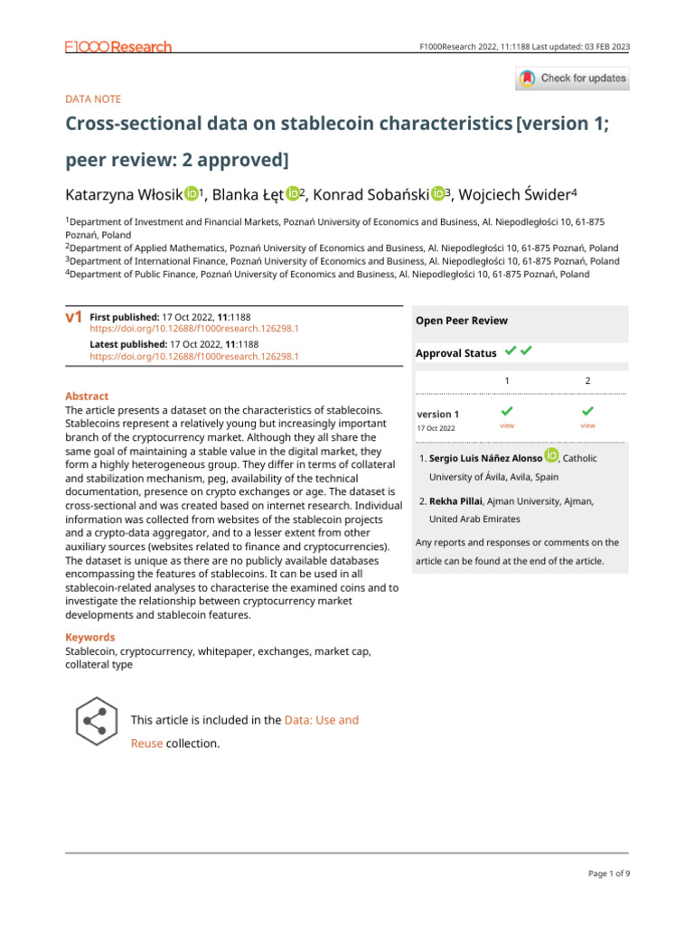 Cross-Sectional Data On Stablecoin Characteristics (Version 1) | PDF | Cryptocurrency | Money