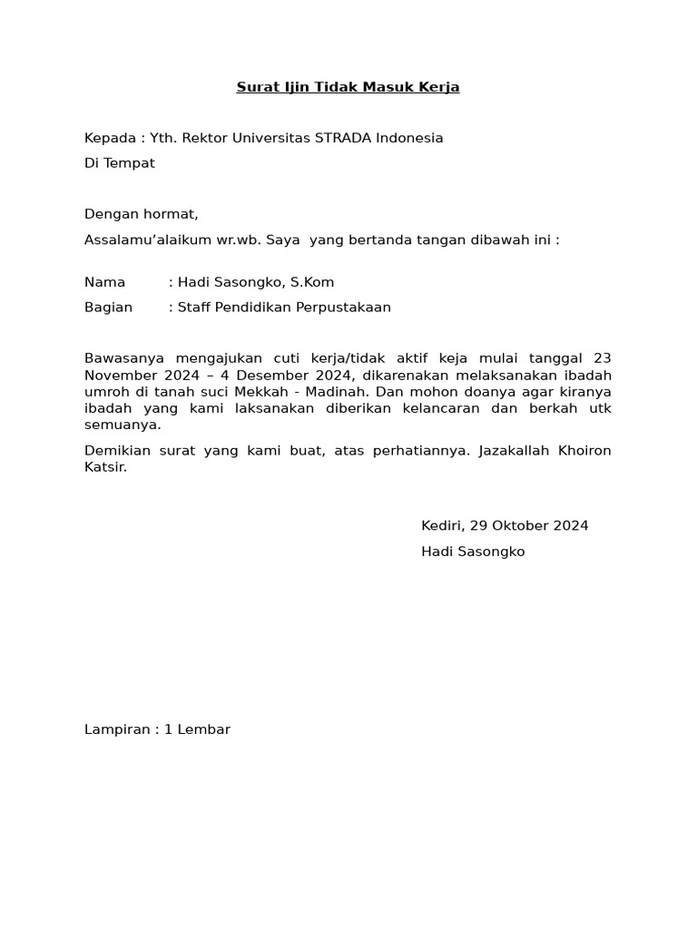 Surat Ijin Tidak Masuk Kerja | PDF