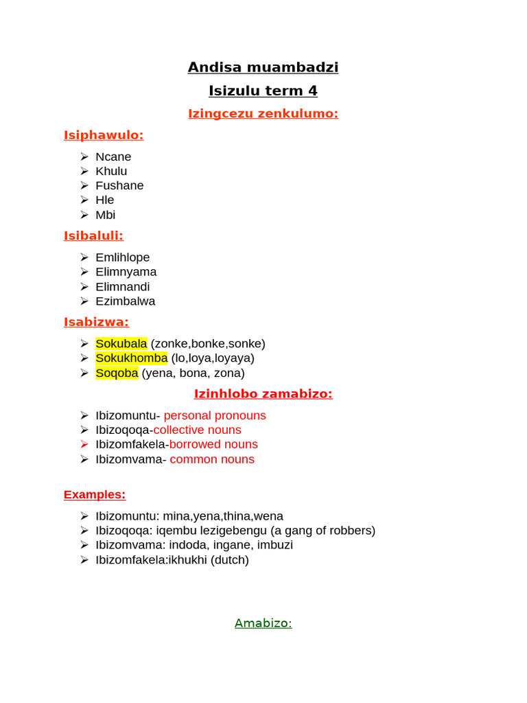 Isizulu Language Concepts for Term 4 | PDF