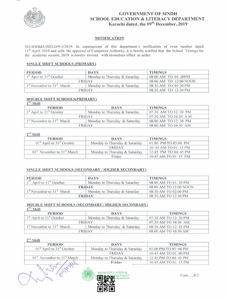 Notification of Revised School Timings For The Academic Session 2019 | PDF