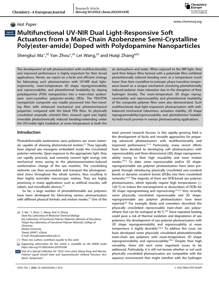 Chemistry A European J - 2023 - Ma - Multifunctional UV NIR Dual Light Responsive Soft Actuators ...