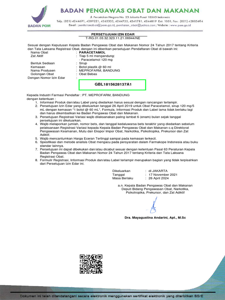 Izin Edar Paracetamol Sirup Mepro | PDF