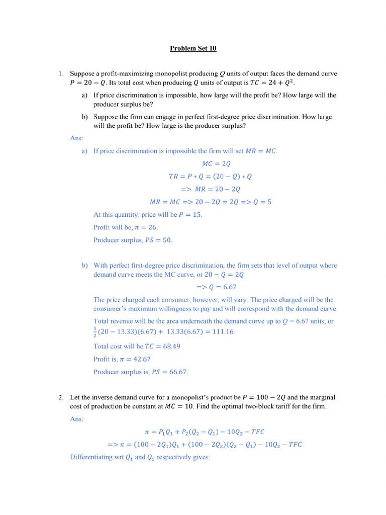 Problem Set 10 - Price Discrimination | PDF