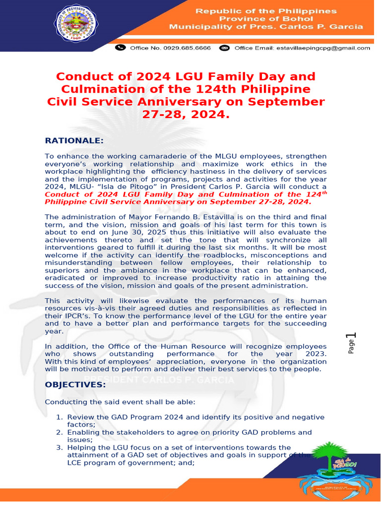 Activity Design For 2024 LGU Family Day and Culmination of The 124th PCS Anniversary | PDF | Lunch