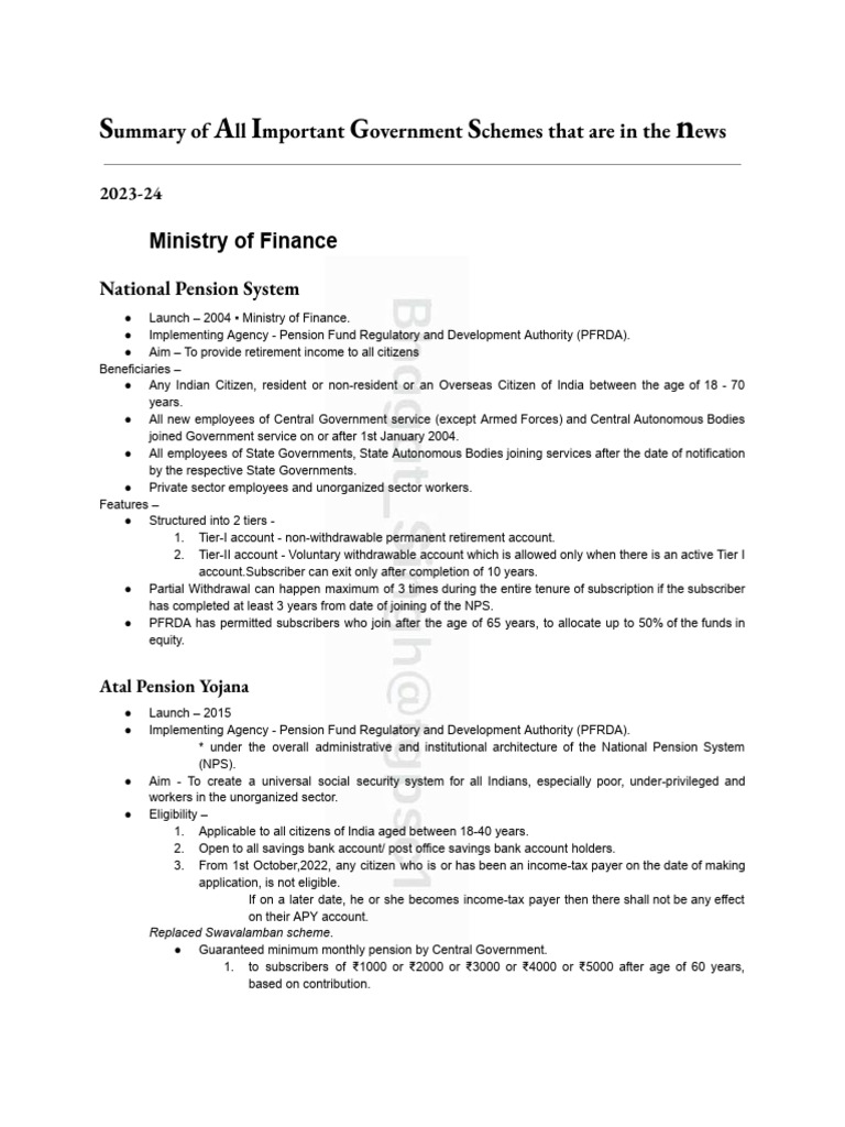 Summary of All Important Government Schemes That Are in The News | PDF ...