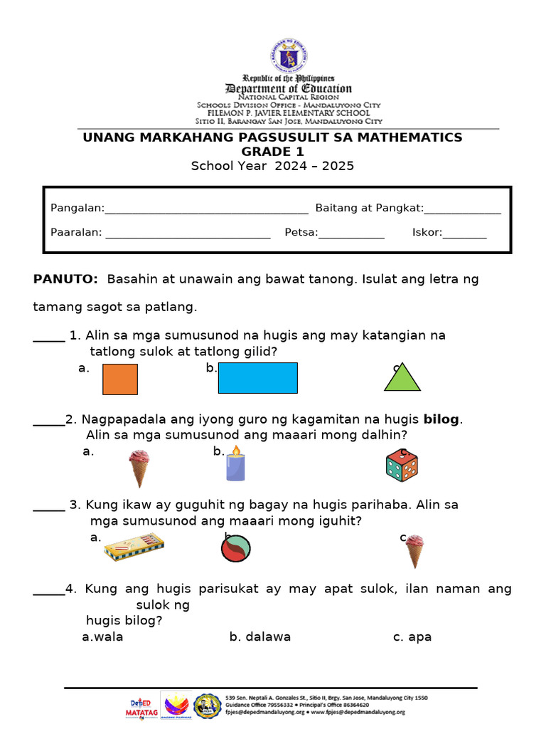 1st Quarter Mathematics Grade I | PDF