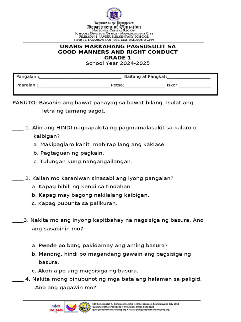 1st Quarter GMRC Grade I | PDF