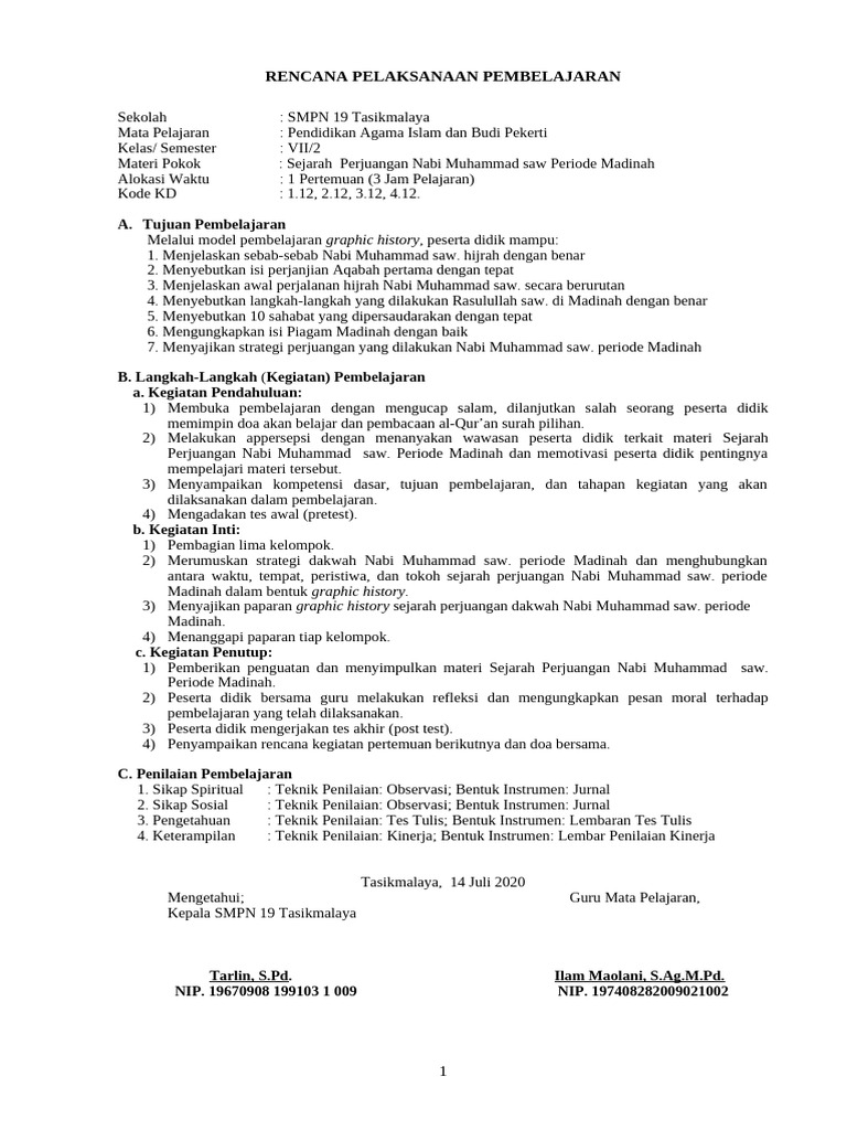 6 - RPP Sejarah Perjuangan Nabi Muhammad Saw Periode Madinah | PDF