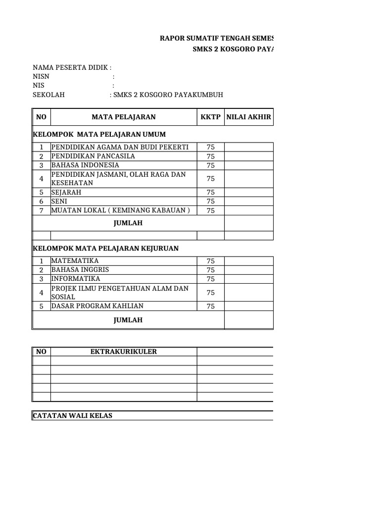 Format Rapor Sts Ganjil 2024 Kelas X | PDF | Sains & Matematika