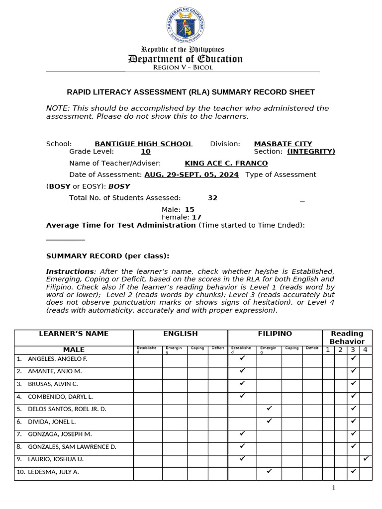 RLA-10-INTEGRITY-FILIPINO_Summary-Record-Sheet | PDF | Pedagogy | Cognitive Science