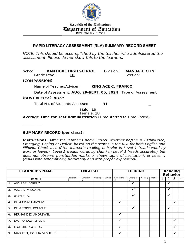 RLA 10 COMPASSION FILIPINO - Summary Record Sheet | PDF | Human ...