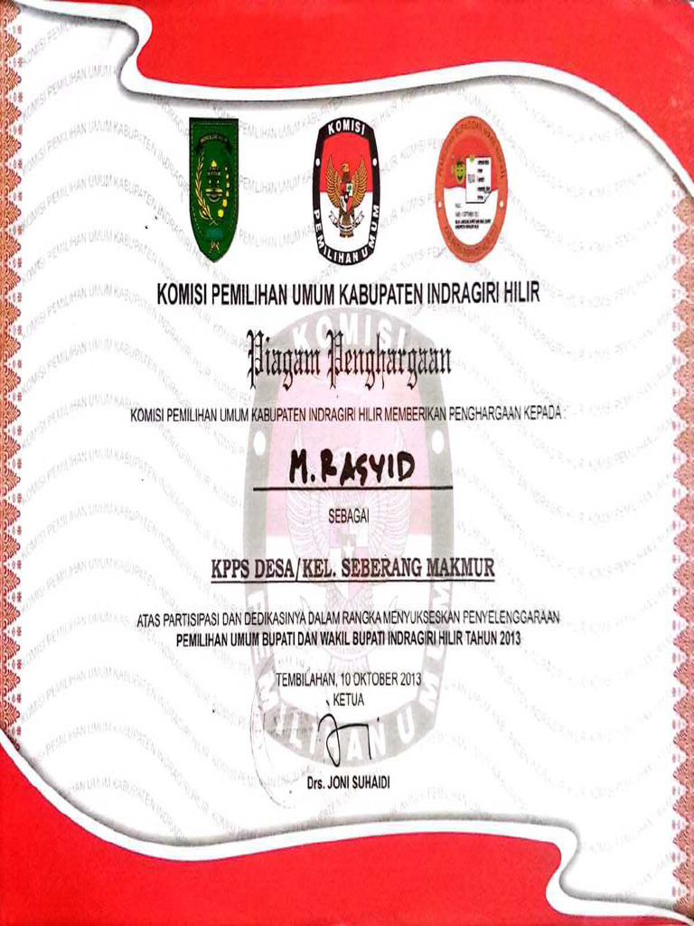 Sertifikat M Rasyid Penghargaan KPU INHIL 2013 | PDF