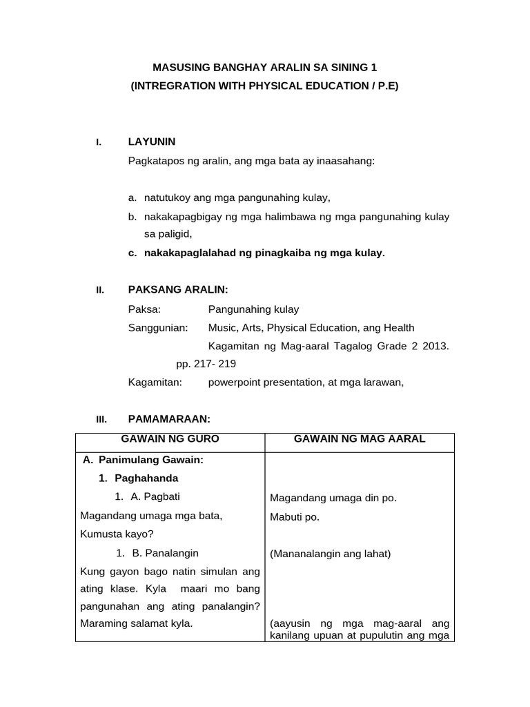 Masusing Banghay Aralin Sa Sining 1 | PDF