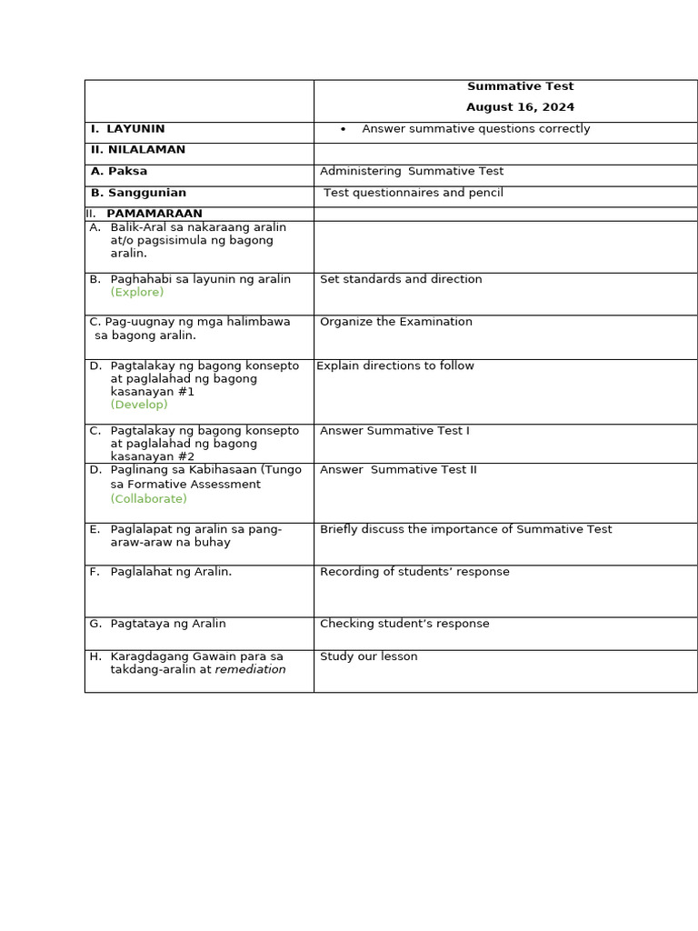 Summative Exam Lesson Plan | PDF