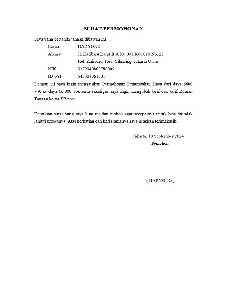 Surat Permohonan Tambah Daya | PDF