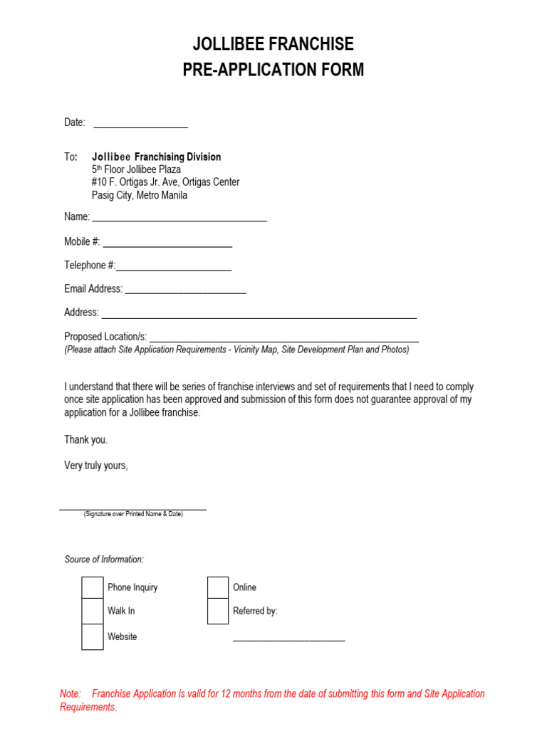 Jollibee Pre Application Form | PDF
