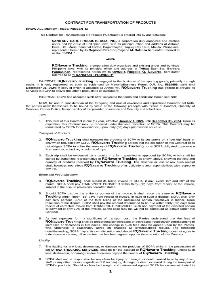 Revised - 3PL Transport Provider Contract | PDF | Receipt | Confidentiality