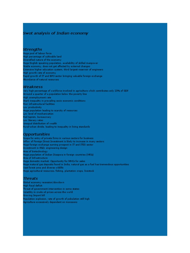 Swot Analysis of Indian Economy | PDF | Corporate Governance | Foreign ...