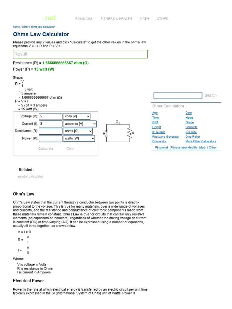 Ohms Law Calculator | PDF | Electric Power | Electrical Resistance And ...