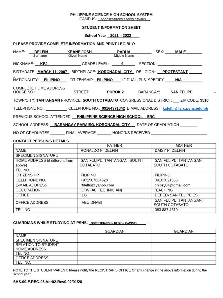 Student Info Sheet - PSHS 2021-22 | PDF | Southeast Asia | Philippines
