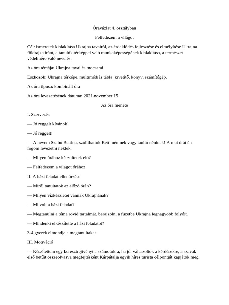 Óravázlat 4. Oszt Felfedezem A Világot Szabó Bettina | PDF