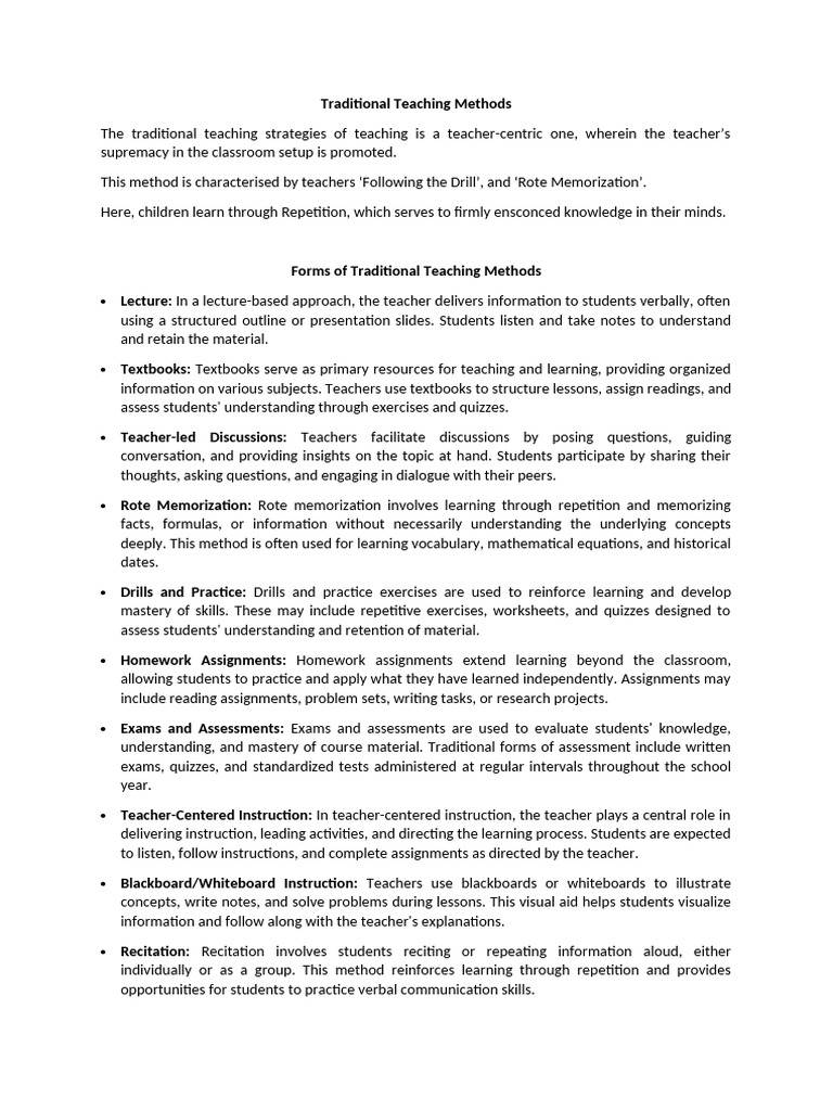 Traditional Teaching Methods | PDF | Learning | Teaching Method
