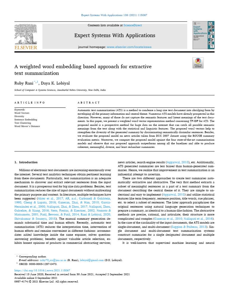 A Weighted Word Embedding Based Approach For Extractive | PDF ...