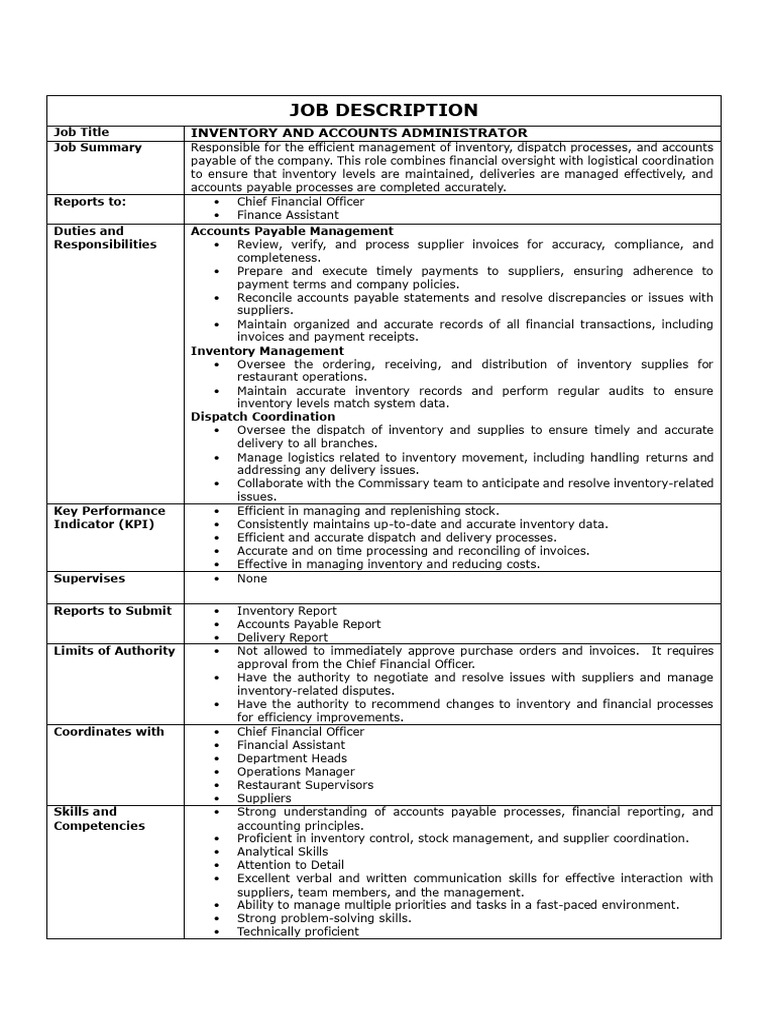 Inventory and Accounts Administrator - JD | PDF | Accounts Payable | Supply Chain