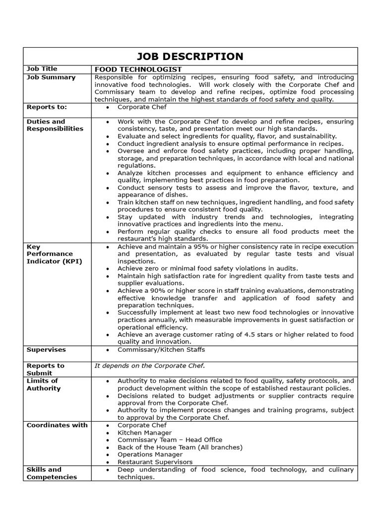 FOOD TECH - JD.docx | PDF | Chef | Food Safety