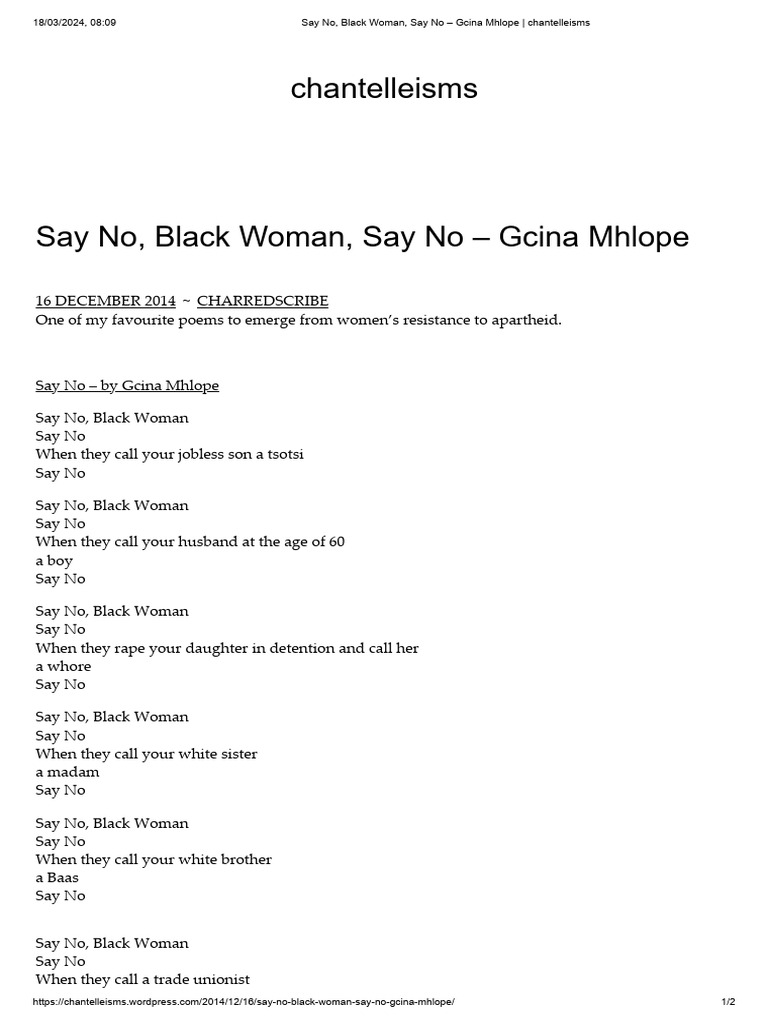 Say No Black Woman Say No Gcina Mhlope - Chantelleisms | PDF