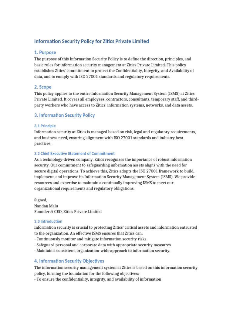 Information Security Policy Zitics Customized | PDF | Information Security | Regulatory Compliance